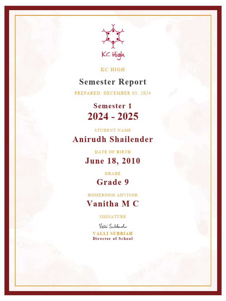 Semester Report Grade 9 Shailender Anirudh | PDF | Reading ...