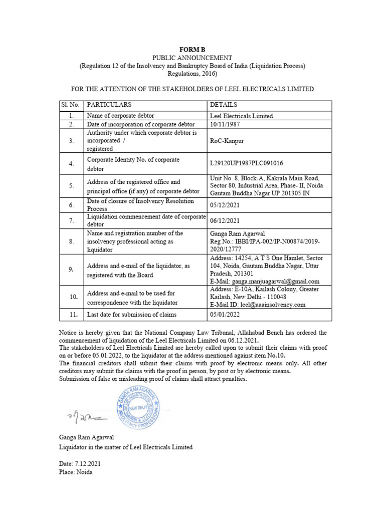 Form-B-Leel-Electricals | PDF | Insolvency | Bankruptcy