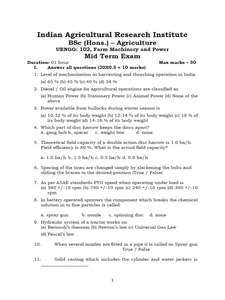 UENGG 102 Mid Term Question Paper - Missing | PDF | Tractor | Engines