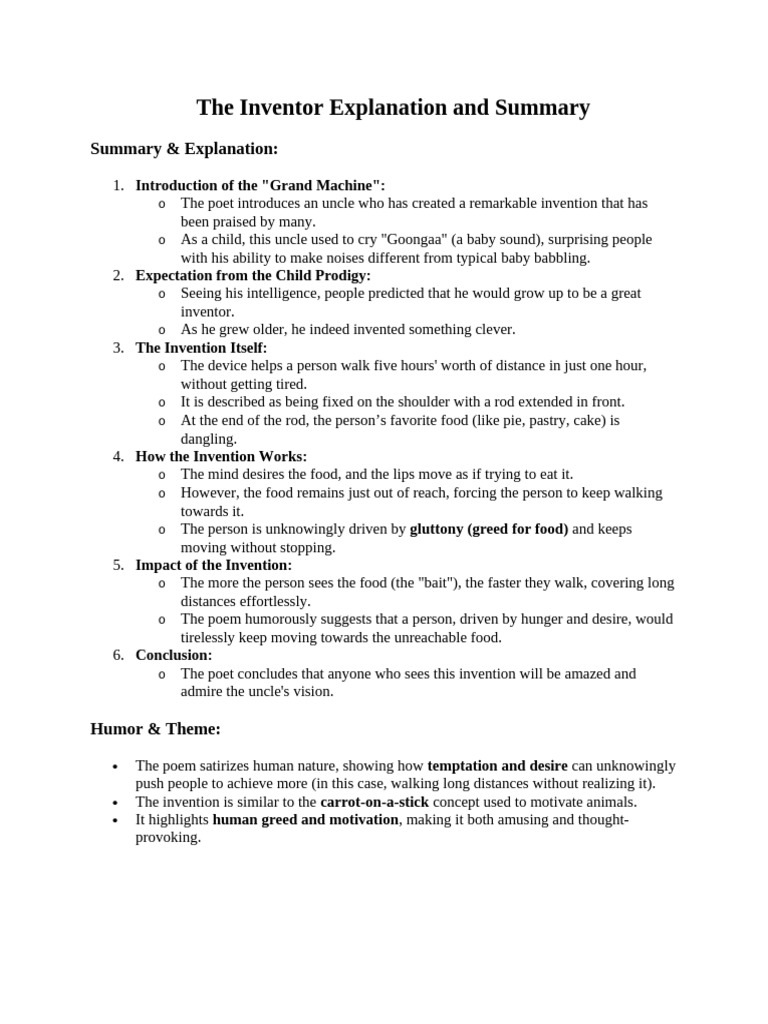 Summary of "The Inventor" Poem | PDF