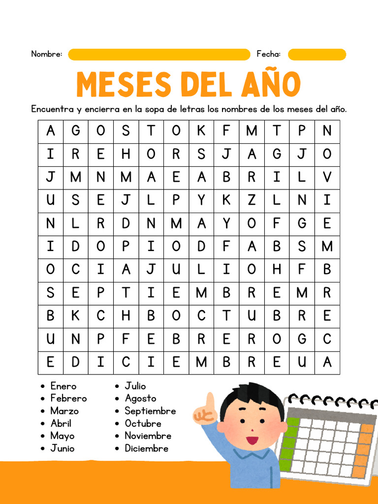 Hoja de Trabajo Sopa de Letras de Los Meses Del Año Ilustrado Naranja | PDF
