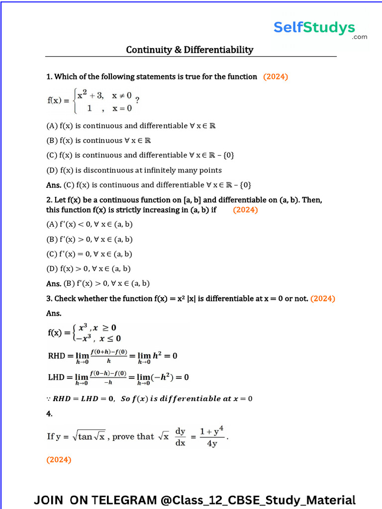 Continuity & Differentiabilit 12 Class Pyq | PDF