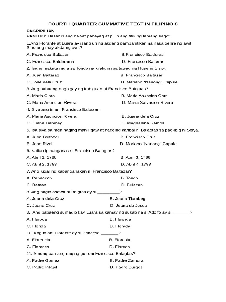 Fourth Quarter Summative Test in Filipino 8 | PDF
