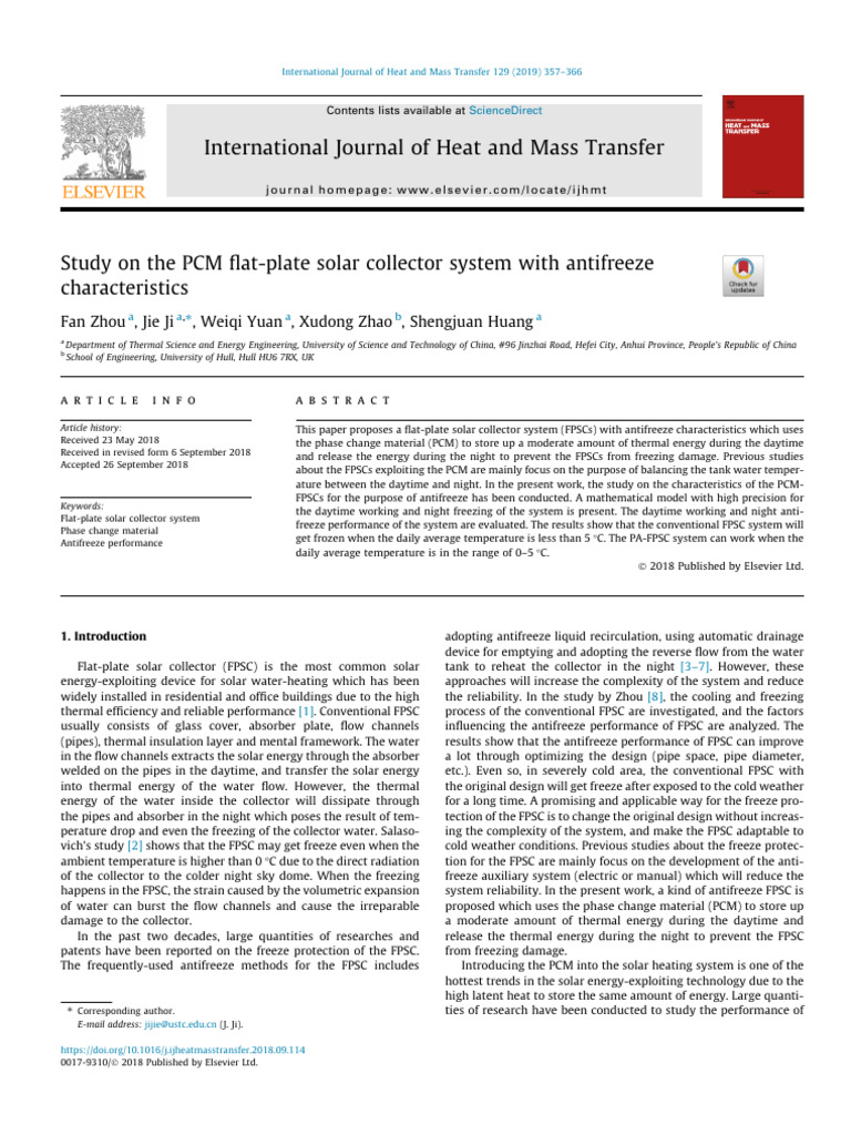 Study on the PCM flat-plate solar collector system with antifreeze ...