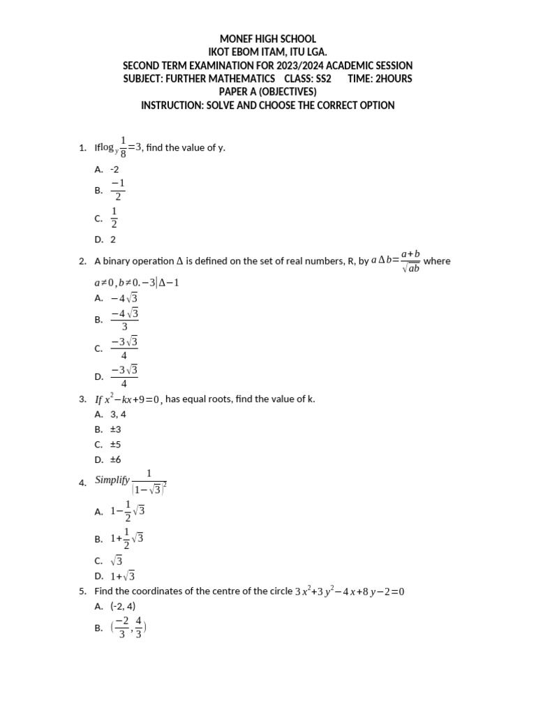 FURTHER MATHEMATICS OBJ 2024 | PDF | Mathematics | Mathematical Analysis