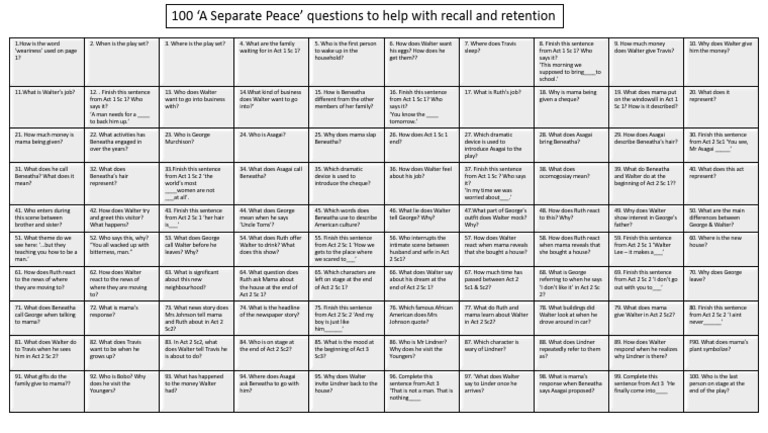 100 Questions on "A Separate Peace" | PDF