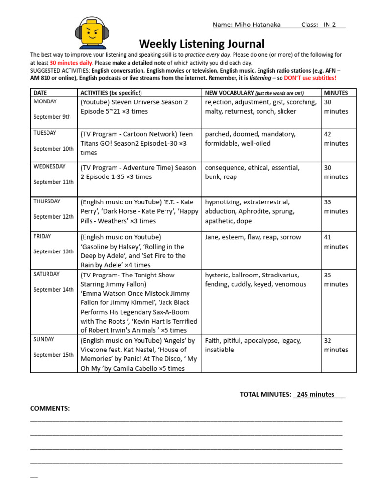 Weekly English Listening Journal | PDF