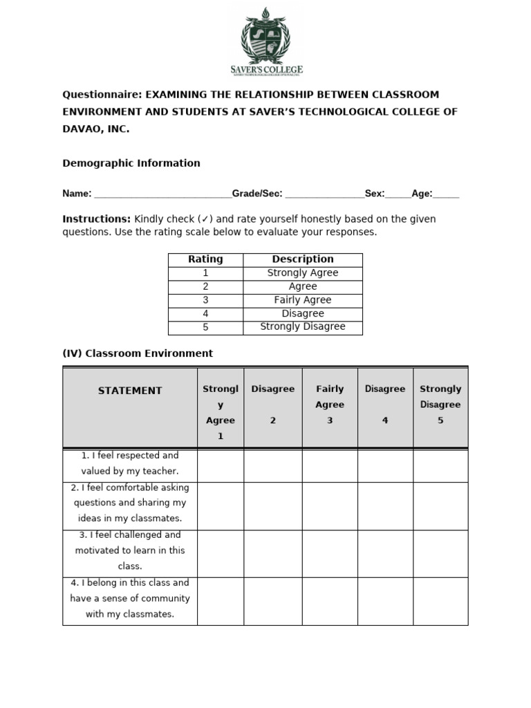 Questionnaire and Ref. Pr2 Tinuod | PDF | Teachers | Classroom