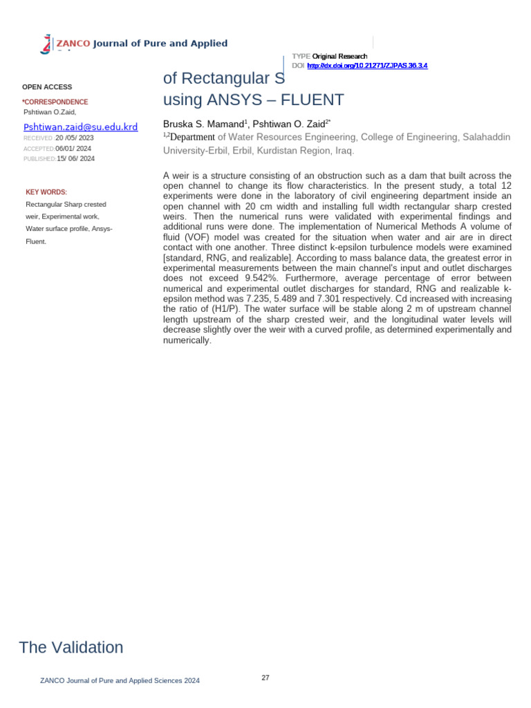 The Validation of Rectangular Sharp Crested Weir Flow using ANSYS – FLUENT | PDF | Fluid ...