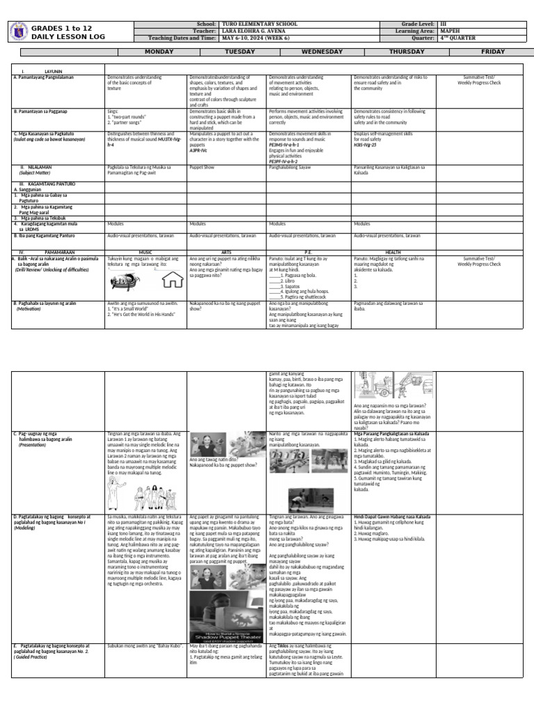 DLL MAPEH-3 Q4 W6 Newedumaymaylauramosangie | PDF