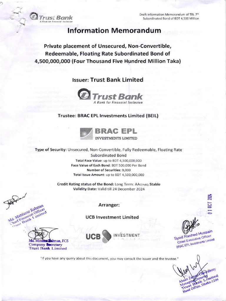 Trust Bank BDT 4,500M Subordinated Bond Memo | PDF | Risk | Credit Risk