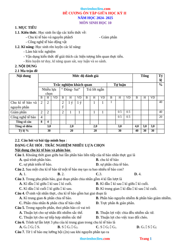 De Cuong Tap Giua HK2 Sinh 10 KNTT 24 25 | PDF
