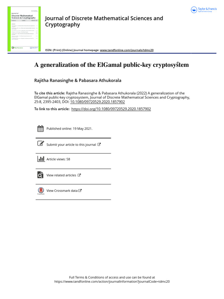 A generalization of the ElGamal public-key cryptosystem | PDF | Cryptography | Public Key ...