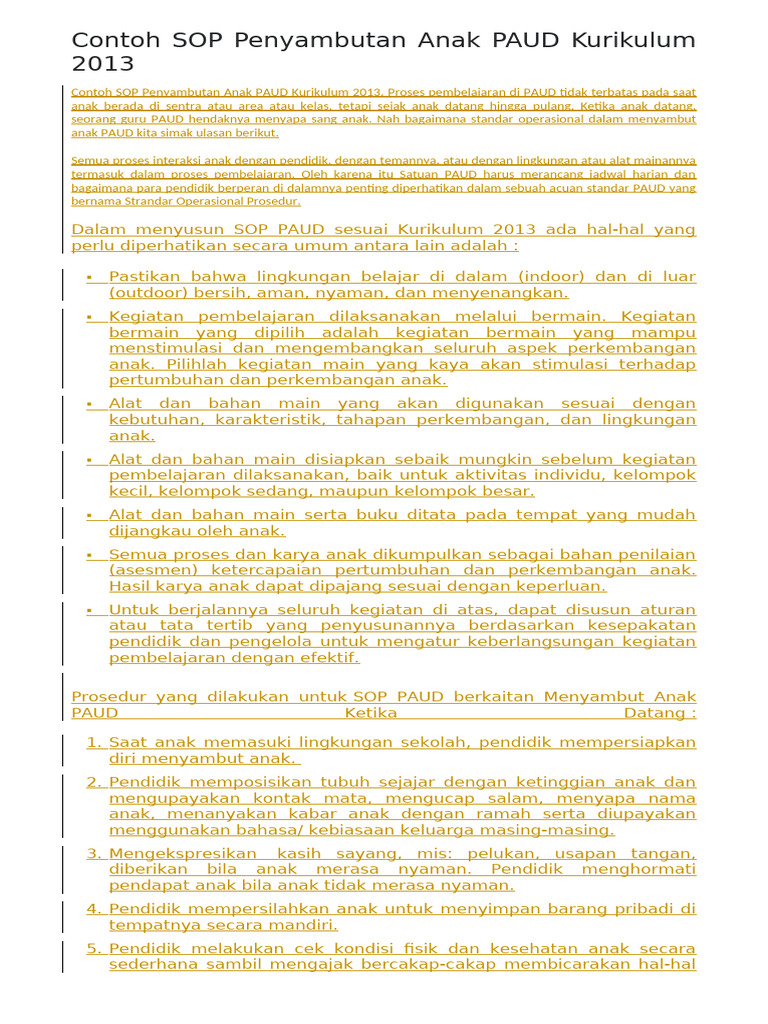 SOP Penyambutan Anak PAUD Kurikulum 2013 | PDF