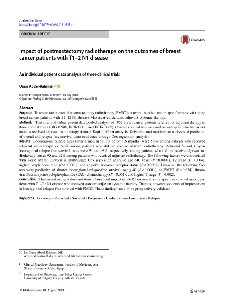 Impact of Postmastectomy Radiotherapy On The Outcomes of Breast Cancer Patients With T1-2 N1 ...