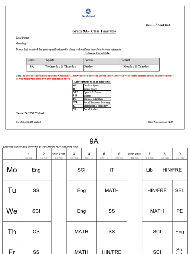 Grade 9A Circular - Timetable & Uniform Schedule | PDF | Learning