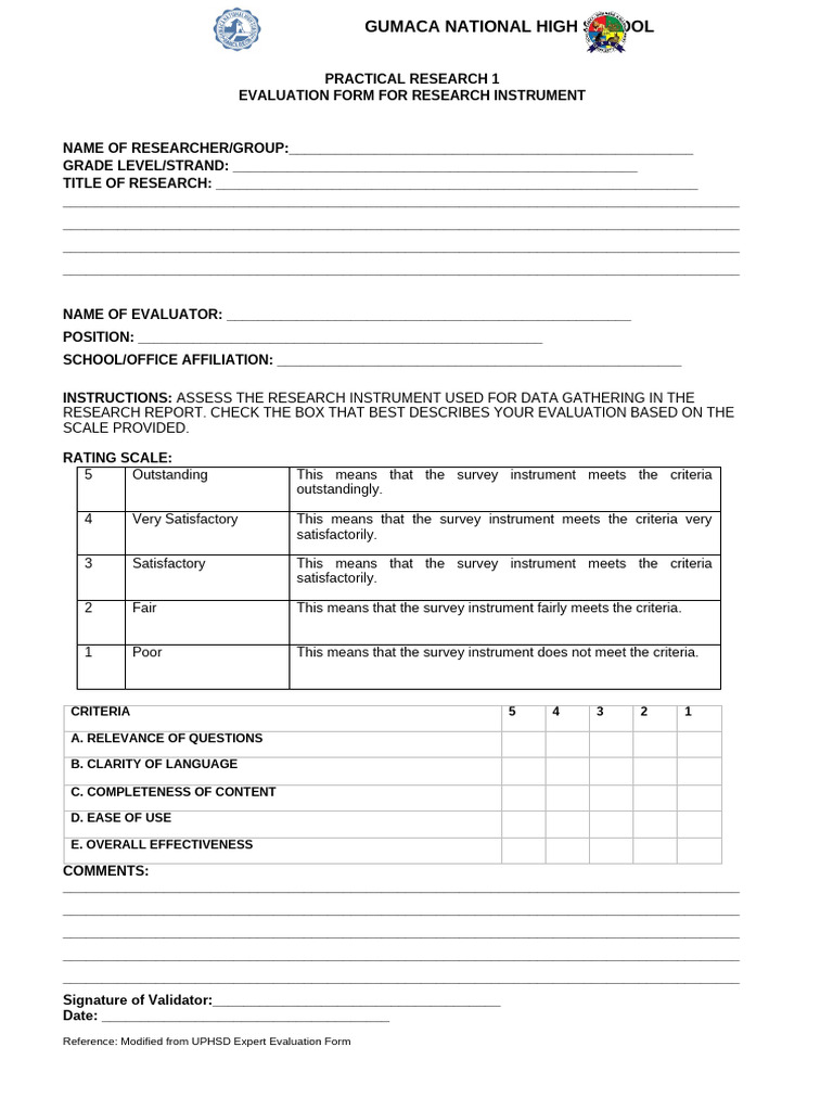 PR1 Evaluation Form for Research Instruments | PDF | Questionnaire ...