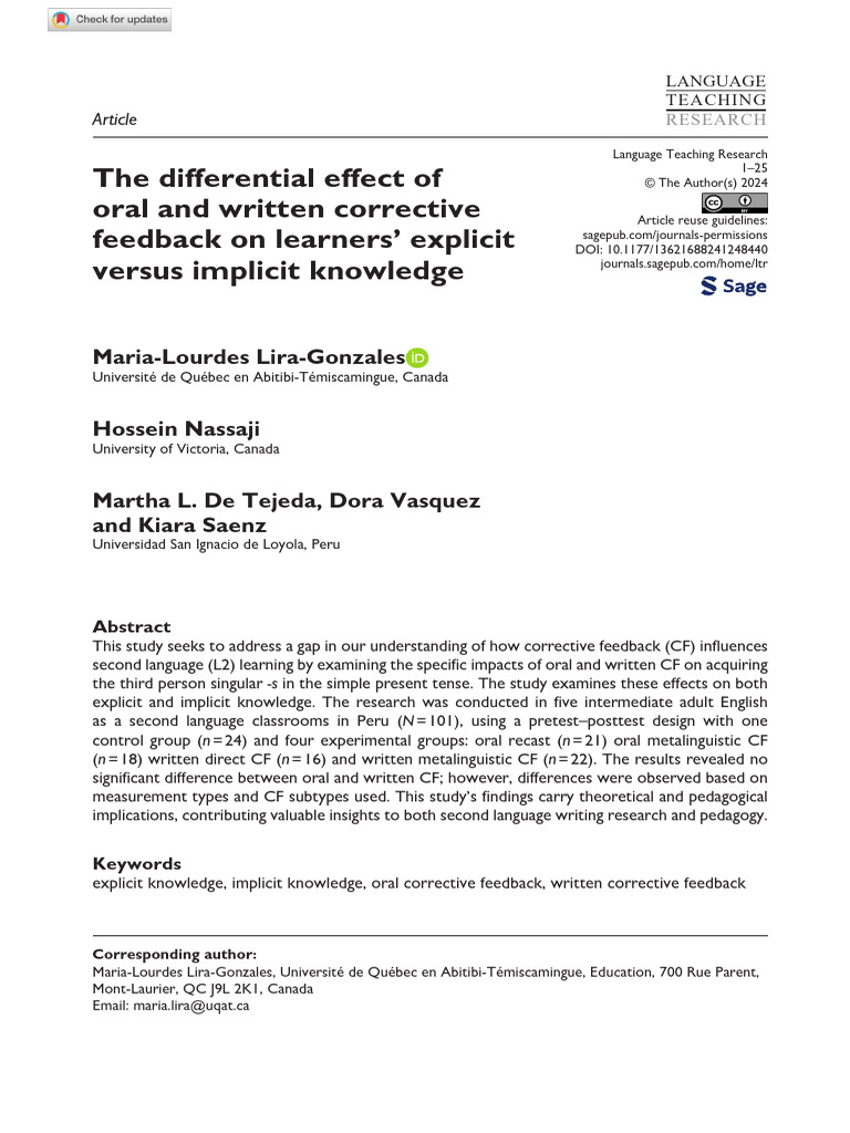 Lira Gonzales Et Al 2024 The Differential Effect of Oral and Written Corrective Feedback On ...