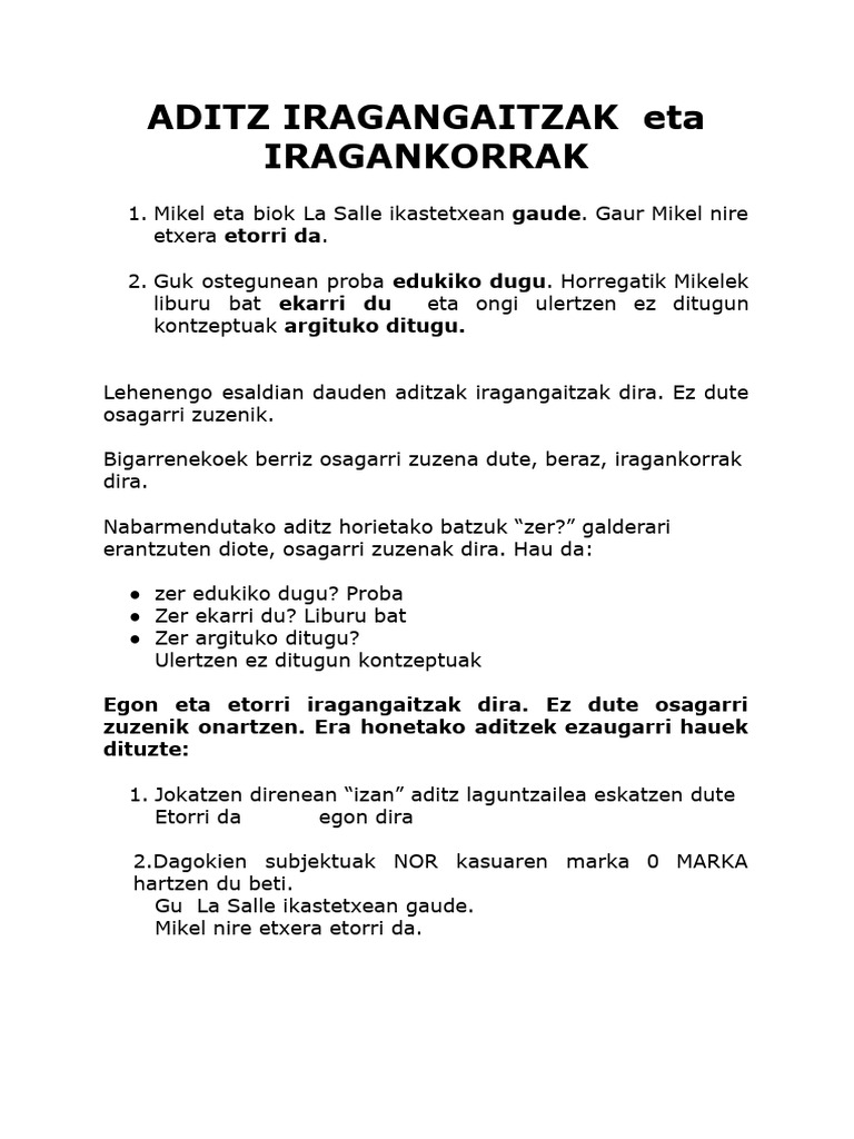 IN01-DBH2-EUSK-1.Saioa Apunteak - Aditz Iragangaitz Eta Iragankorrak | PDF