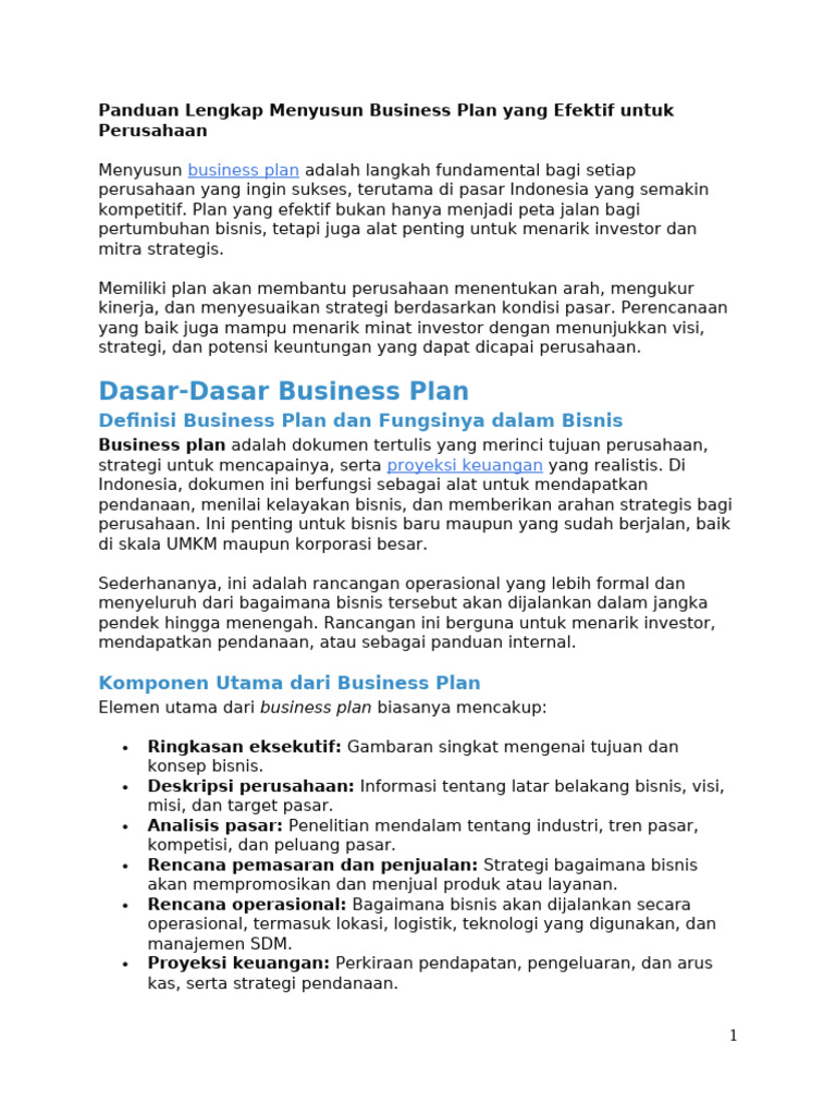 Panduan Lengkap Menyusun Business Plan yang Efektif untuk Perusahaan | PDF