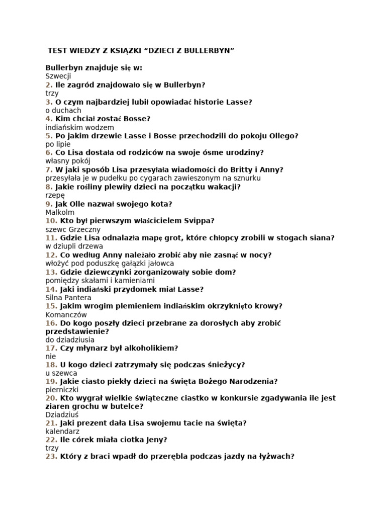Test Z Lektury Dzieci Z Bullerbyn Klasat E Patentes Santa Feboletas