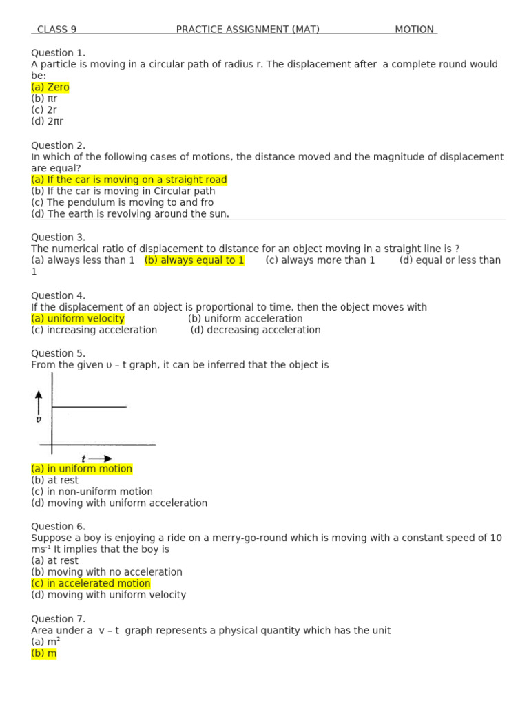Class 9 Practice Assignment (Mat 1) Motion | PDF