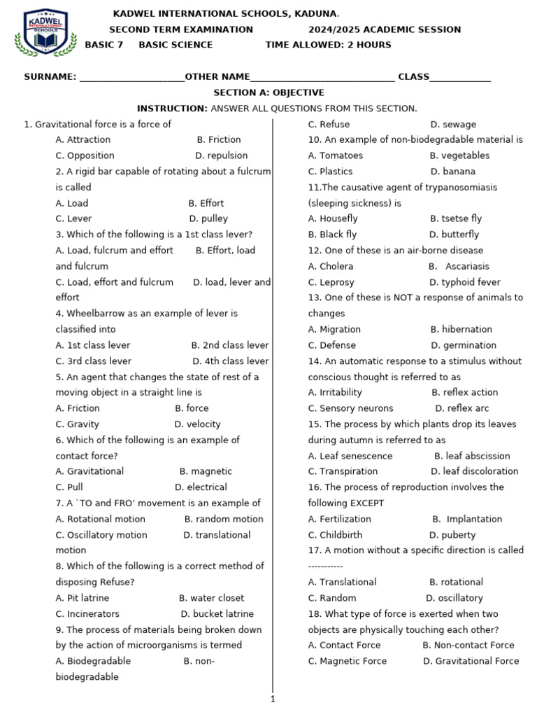 2nd Term Examination - Basic Science, Basic Seven | PDF | Lever | Force