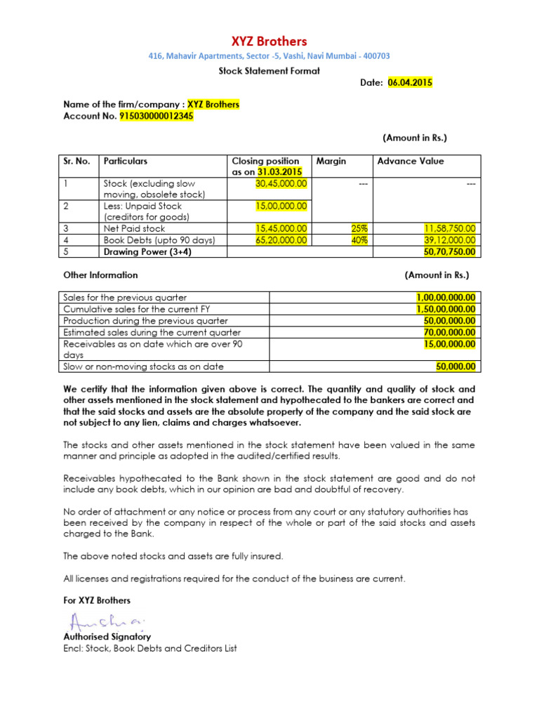Sample Stock Statement | PDF | Financial Services | Money