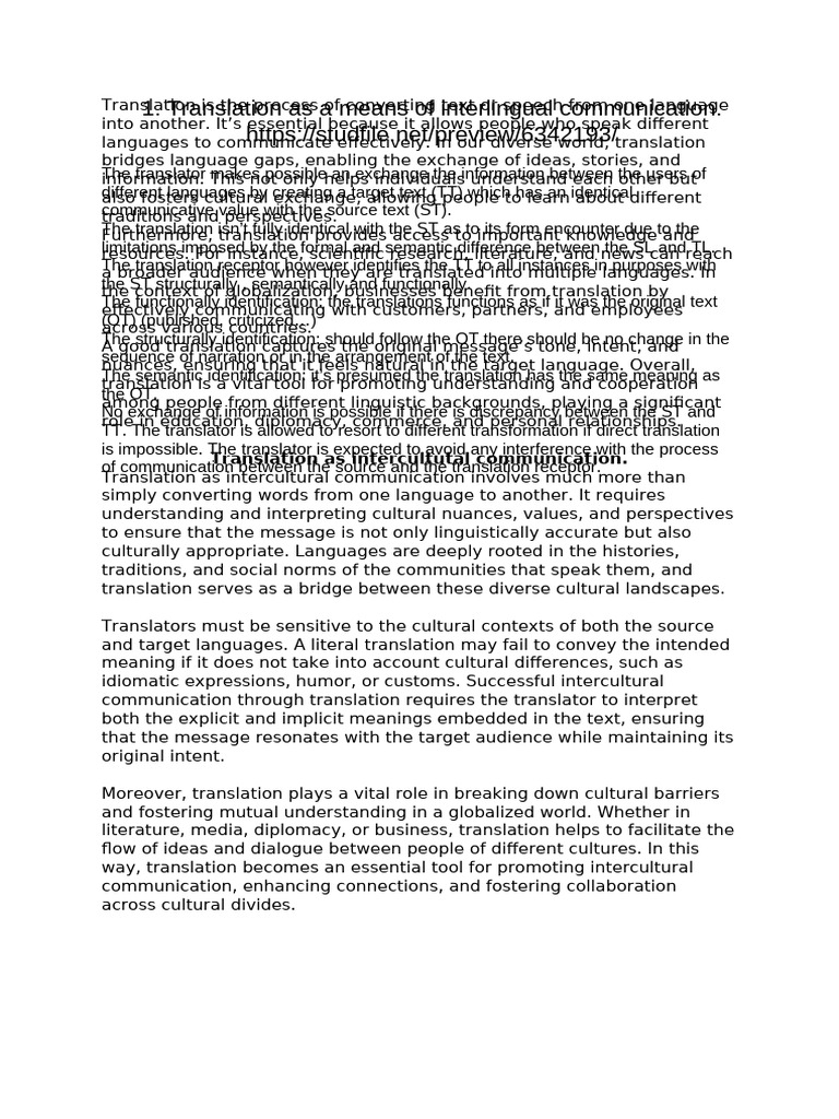 Translation in Interlingual Communication | PDF | Translations | Cross ...
