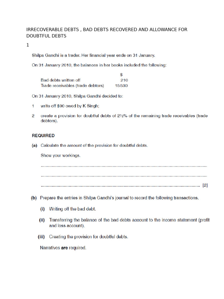 IRRECOVERABLE DEBTS WORKSHEET | PDF