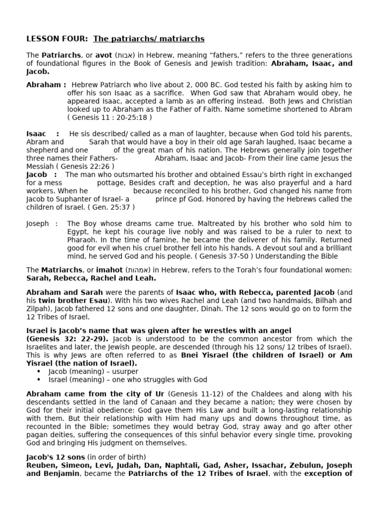 LESSON 4 The Patriarchs Matriarchs | PDF | Jacob | Isaac