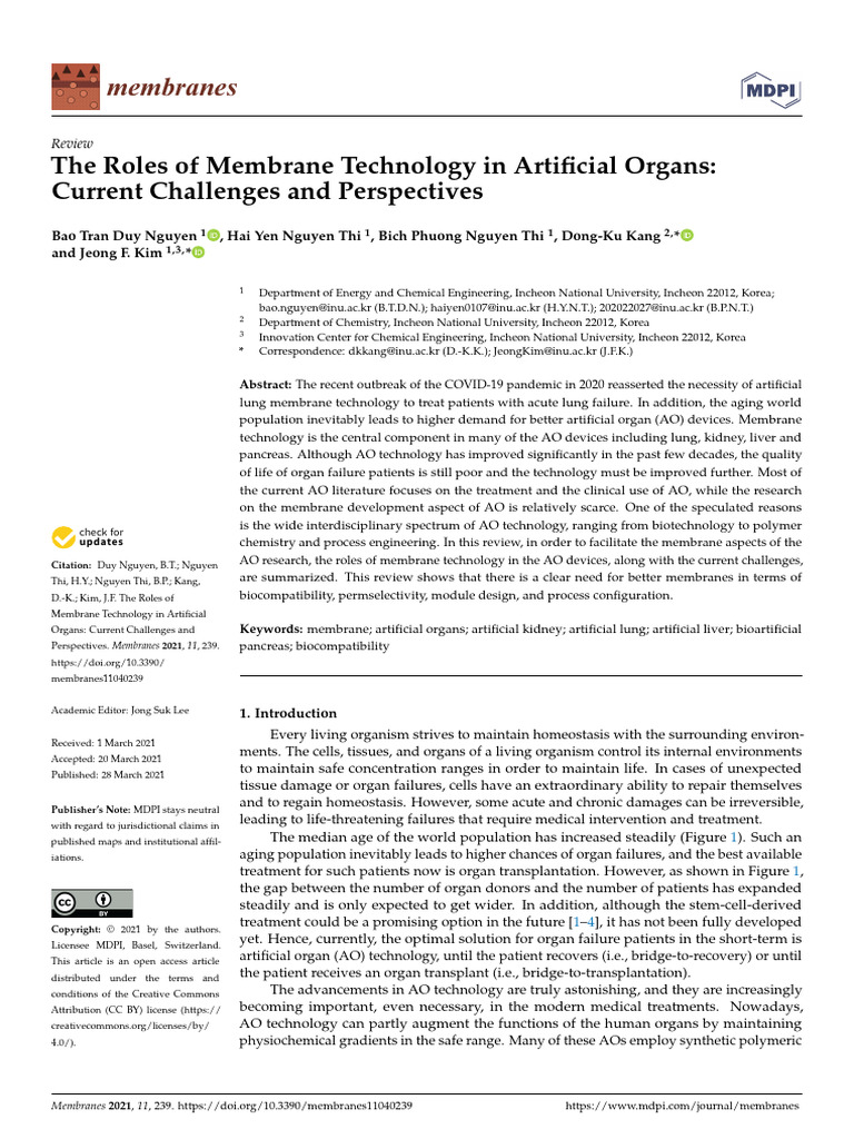 The Roles of Membrane Technology in Artificial Organs Current ...