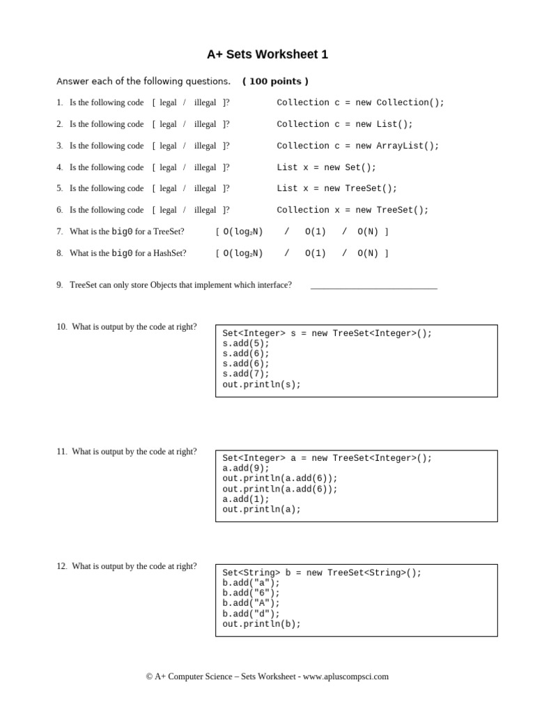 Sets Worksheet1 Java Aplus | PDF