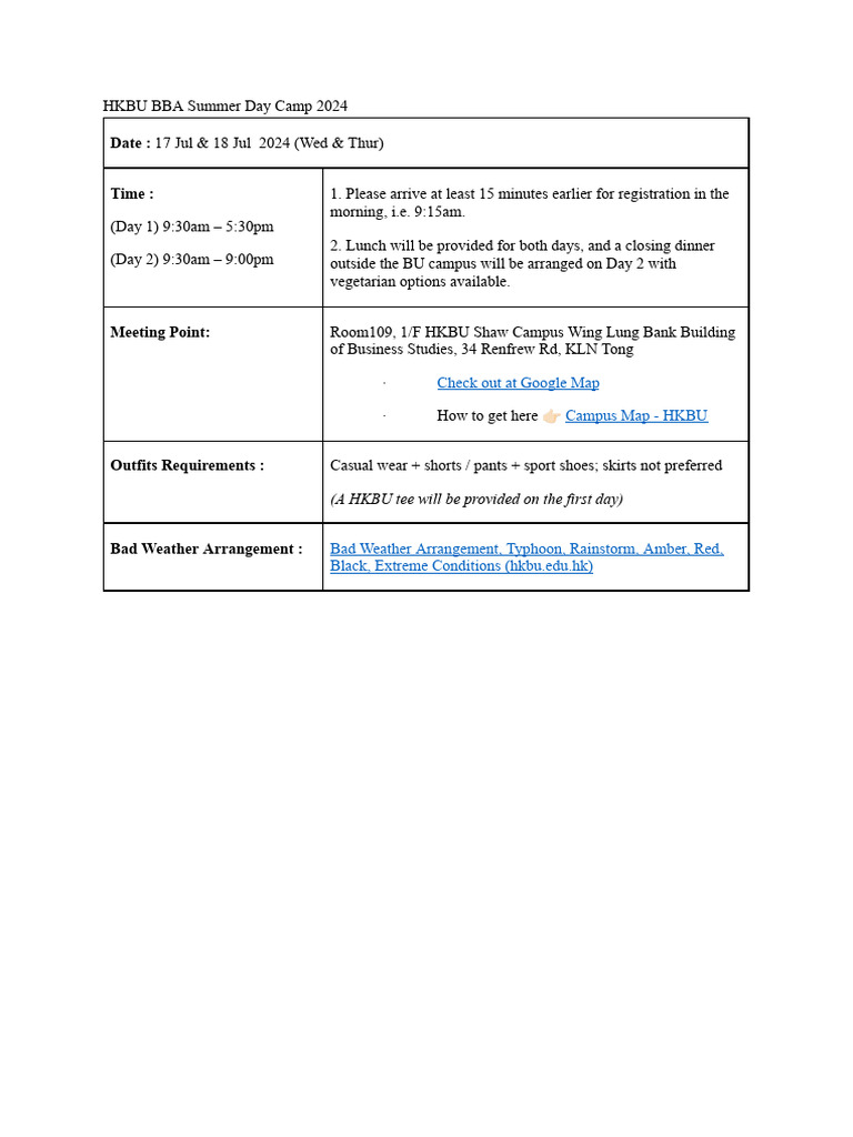 HKBU Summer Day Camp Reminder | PDF