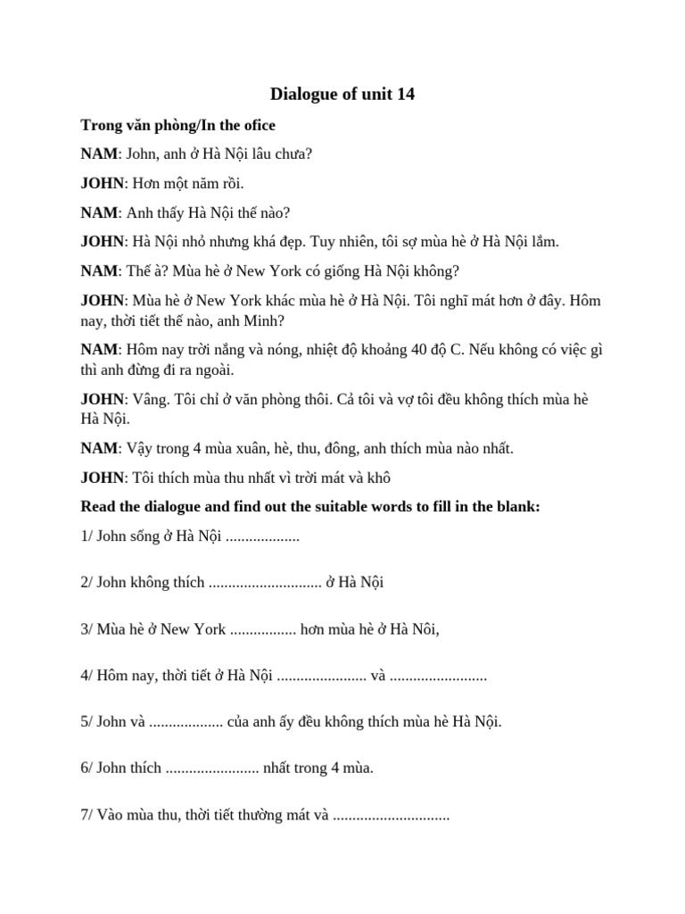 Dialogue of Unit 14 | PDF