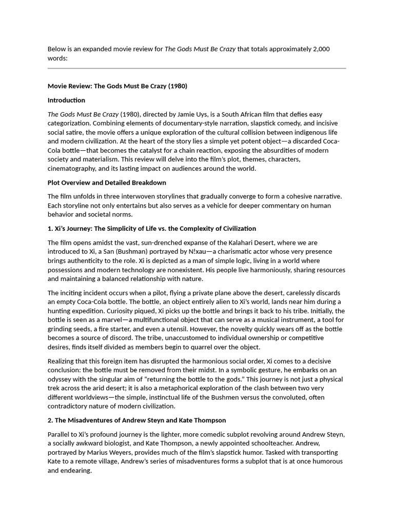 Movie Review for the Gods Must Be Crazy | PDF | Comedy