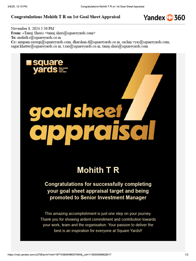 Congratulations Mohith T R On 1st Goal Sheet Appraisal | PDF
