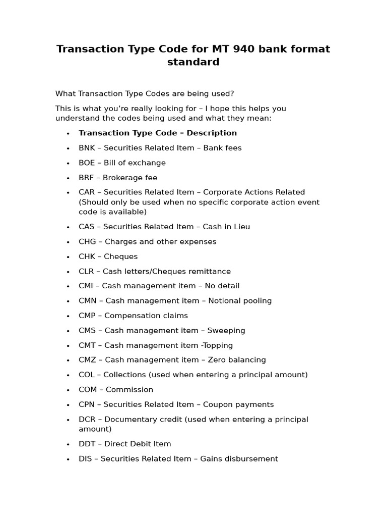 Transaction Type Code For MT 940 Bank Format Standard | PDF ...
