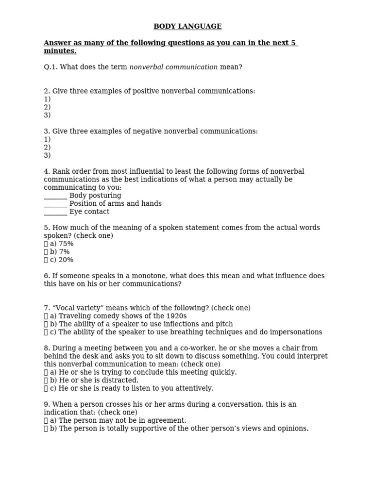 Body Language Questionnaire | PDF | Body Language | Nonverbal Communication