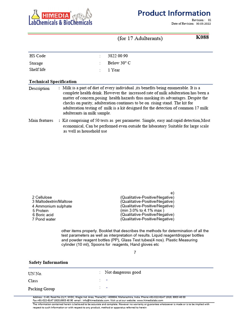 Milk Adulteration Test Kit Overview | PDF | Milk | Chemical Substances