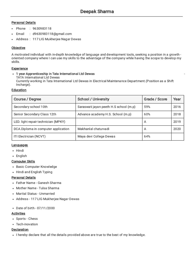 Deepak Sharma's Resume and Skills Profile | PDF