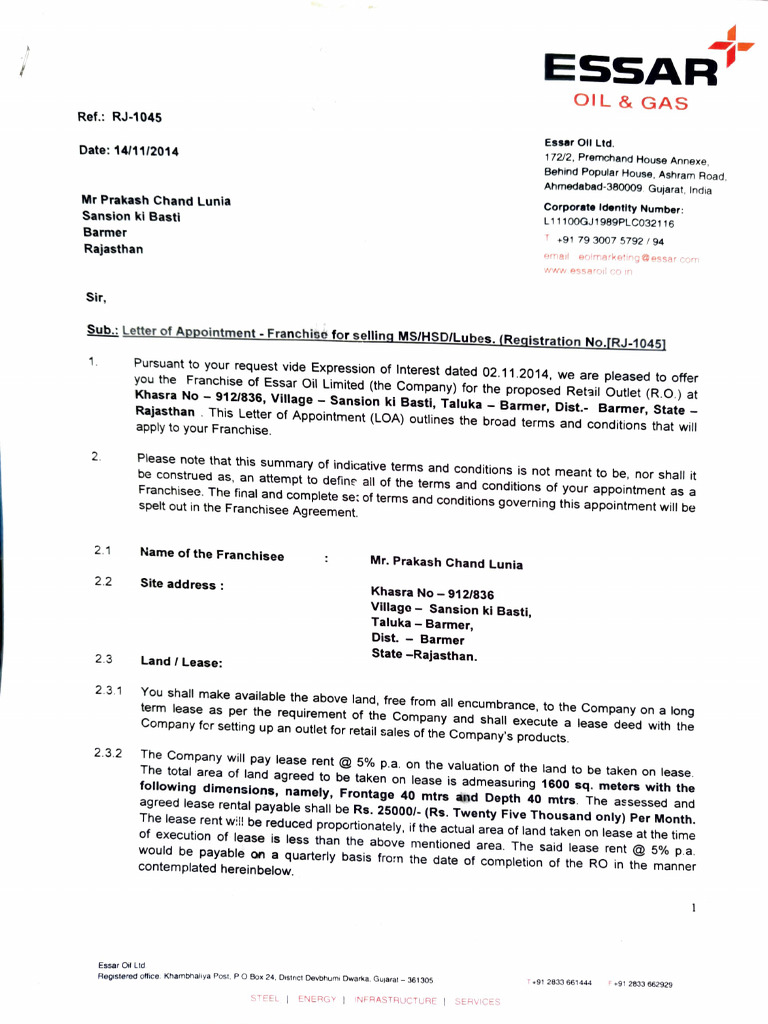 Essar Oil Franchise Appointment Letter | PDF | Franchising | Arbitration
