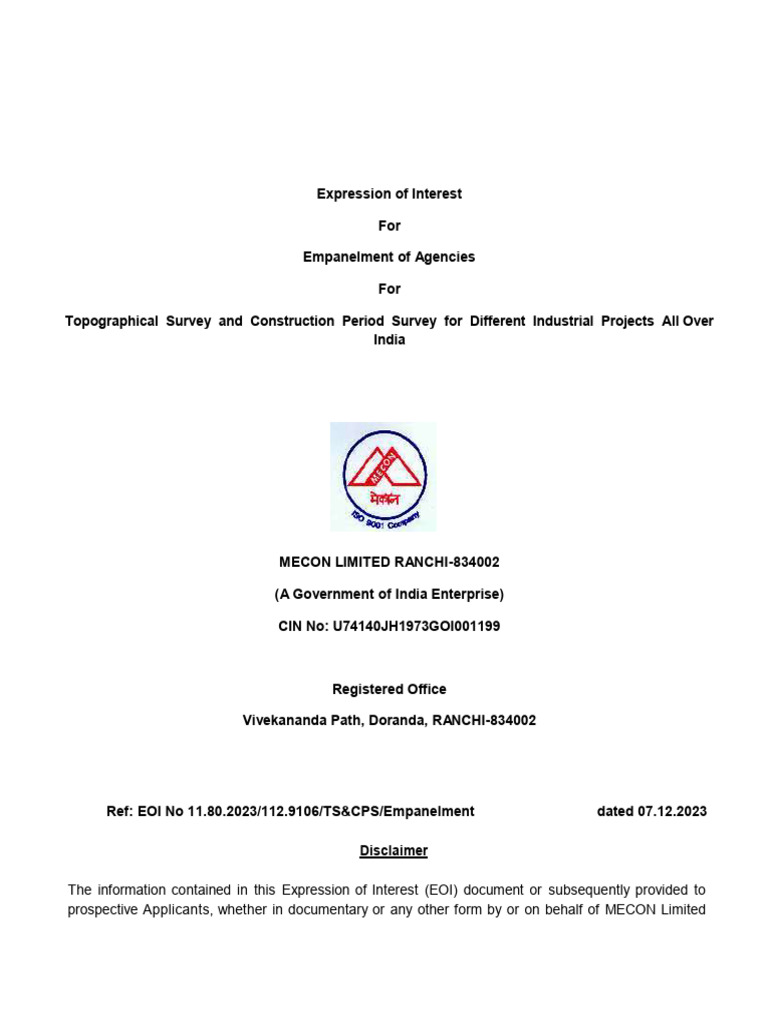 EOI for Survey Agency Empanelment | PDF | Surveying | Legal Liability