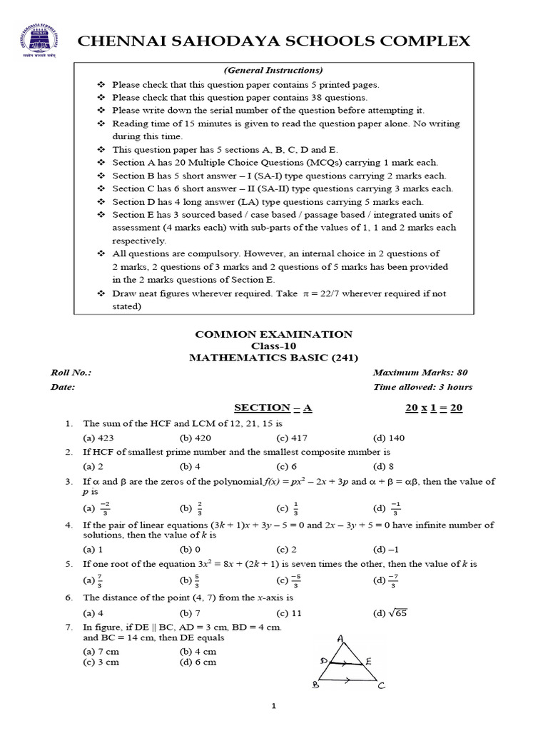 Maths Basic - 10th - Set A QP | PDF | Circle | Area