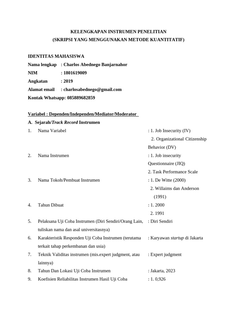 Instrumen Kuesioner DV Penelitian | PDF
