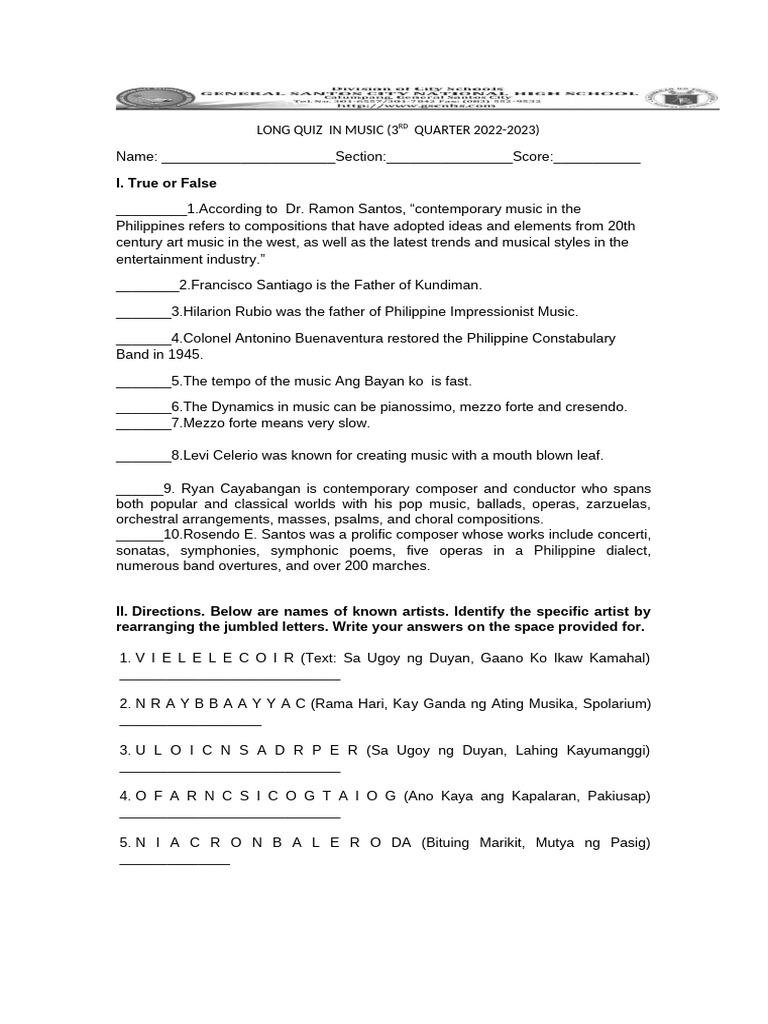Long Quiz Third Quarter Music | PDF | Musicology | Musical Compositions