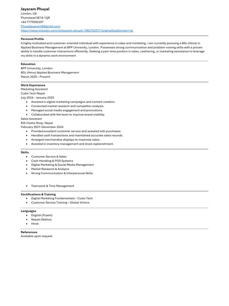 Jayaram Phuyal Sales CV | PDF