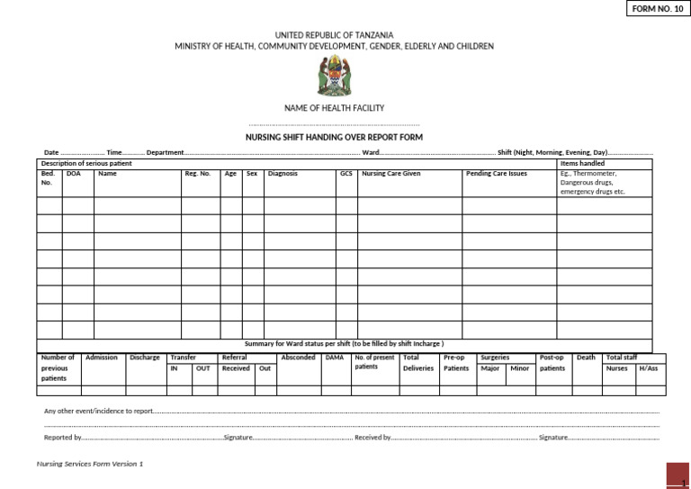 Nursing Shift Handover Report Form | PDF | Public Services | Health Care
