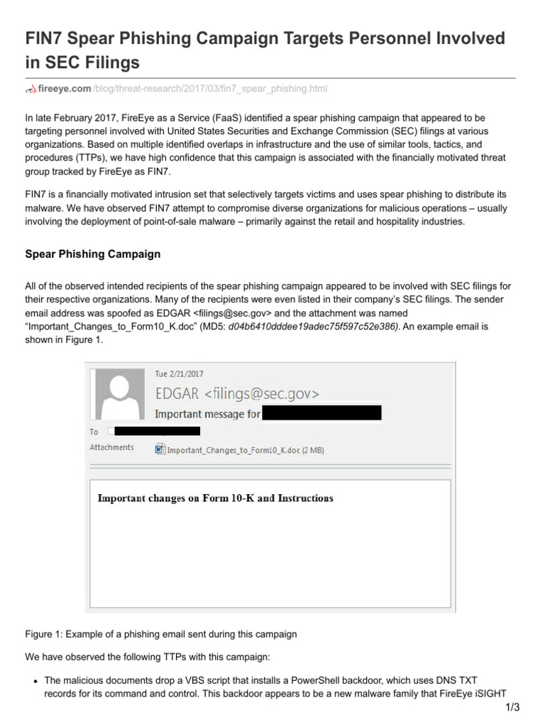 FireEye FIN7 SpearPhishing Targets SEC Filings | PDF | Malware | Phishing