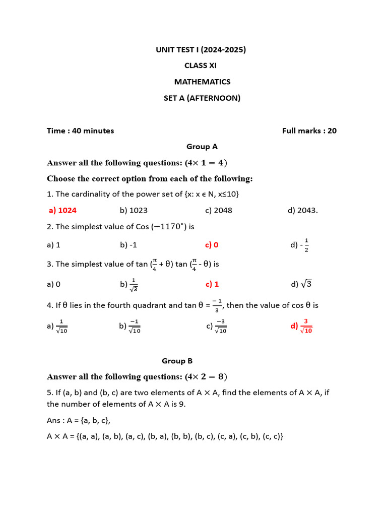 Mathematics Unit Test i Class Xi Afternoon Answer Key | PDF | Mathematics